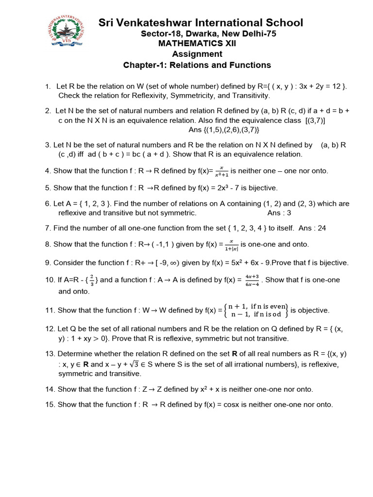 Mathematics XII Assignments and Worksheets | PDF | Function ...