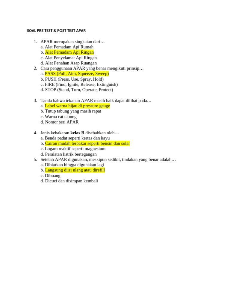 Soal Pre Test & Post Test APAR | PDF
