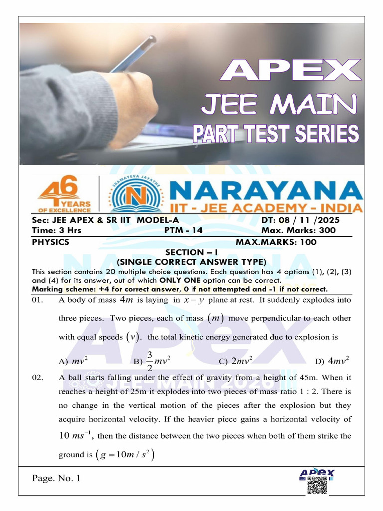08 11 2025 - SR IIT - JEE APEX - Jee Main MODEL - PTM-14 - QP FINAL | PDF