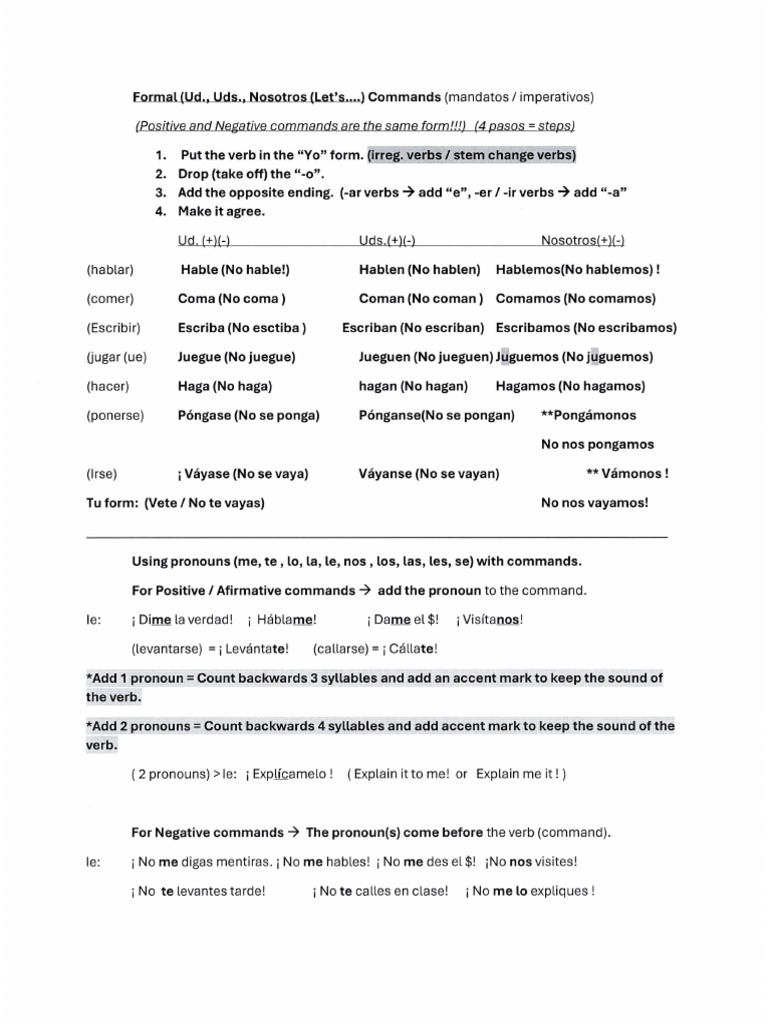 Notes Formal Commands + Used With Pronouns | PDF