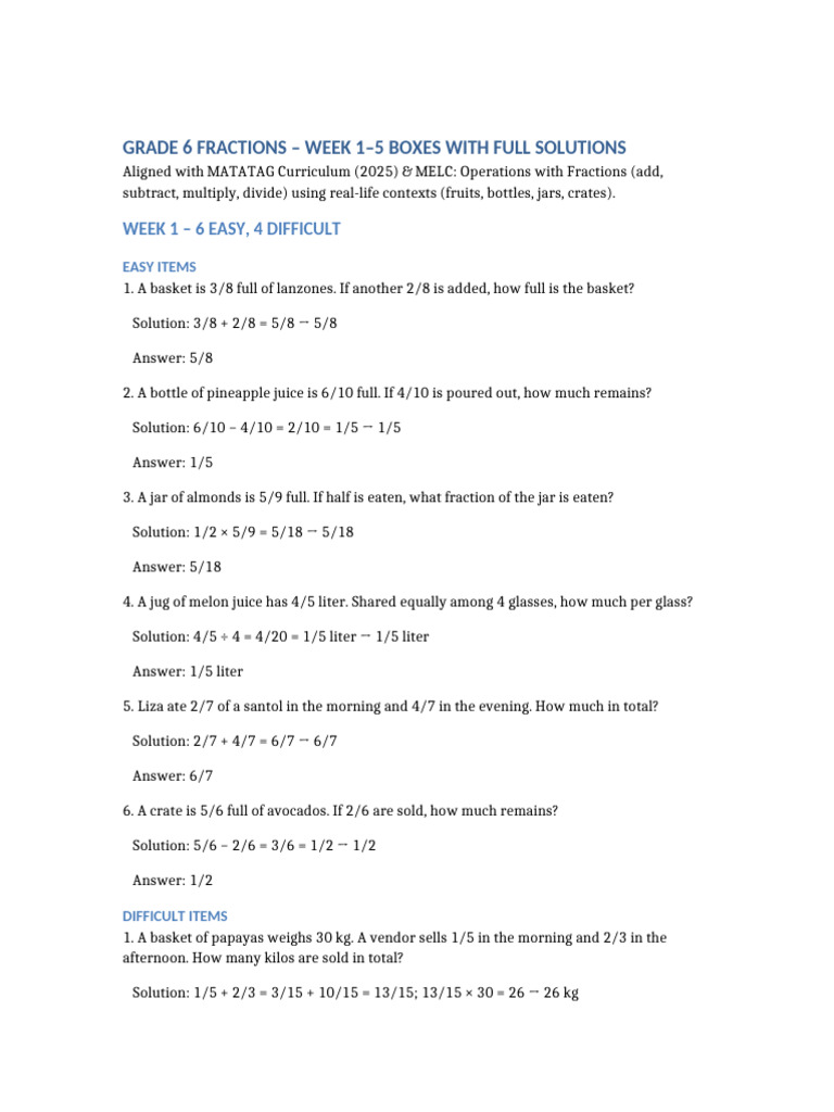 Fractions Week1-5 SOLUTIONS With Easy Difficult | PDF | Edible Fruits | Fruit