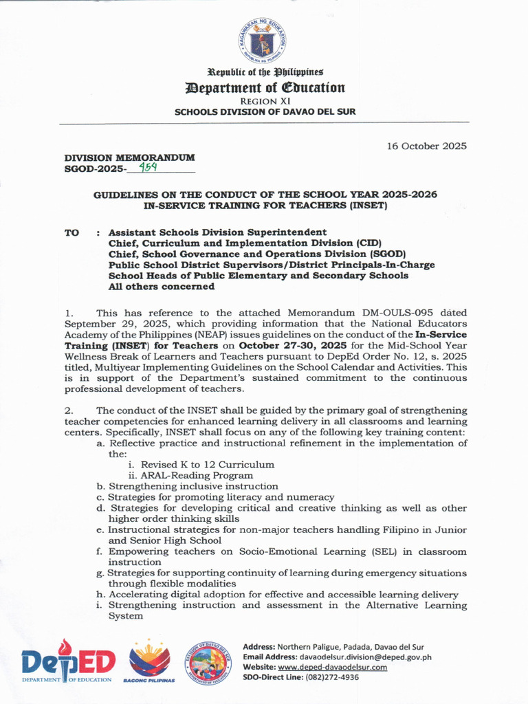 DM Sgod 2025 454 Guidelines Conduct Sy 2025 2026 Inset | PDF