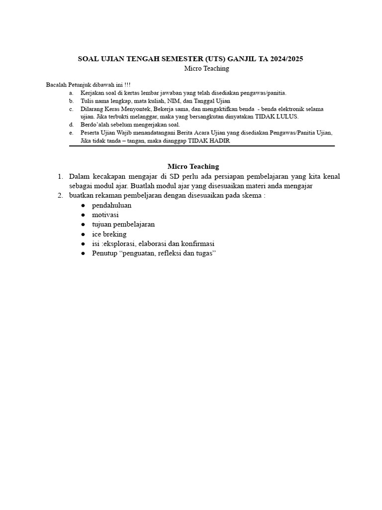 Soal Ujian Tengah Semester (Uts) Ganjil Ta 2024-2025 Micro Teaching | PDF