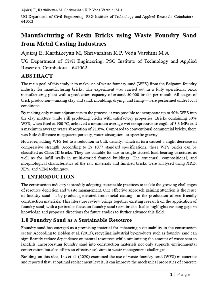 Resin Bricks from Waste Foundry Sand | PDF | Cement | Concrete