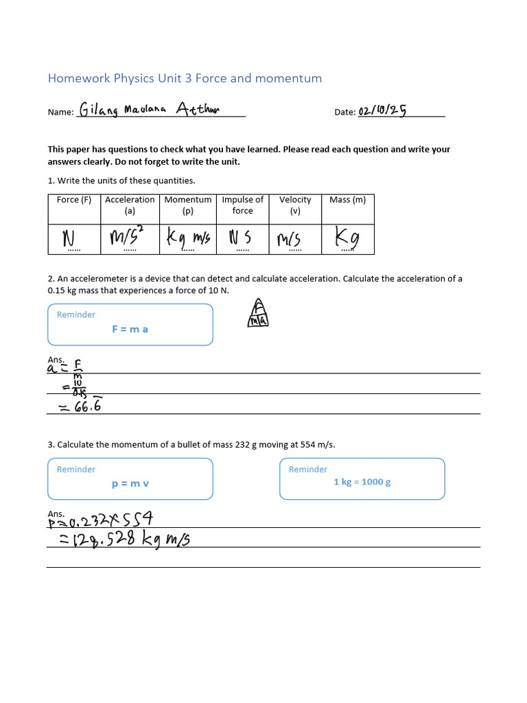 Homework Physics Unit 3 Force and Momentum | PDF | Force | Momentum