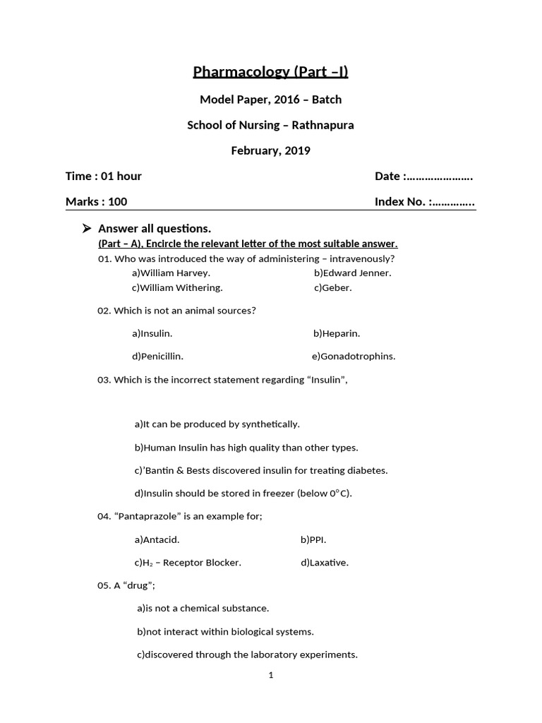 Pharmacology Model Paper 2016 - Nursing | PDF | Pharmacology ...