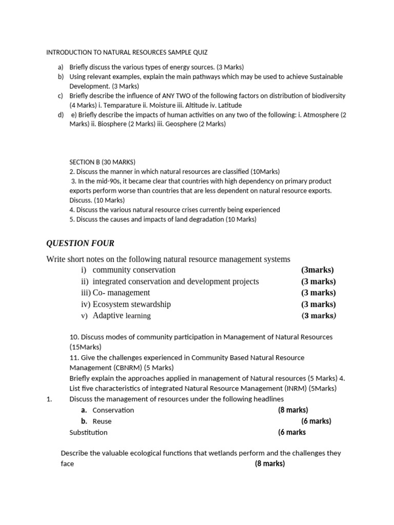 Natural Resources Management Quiz Guide | PDF | Natural Resource ...