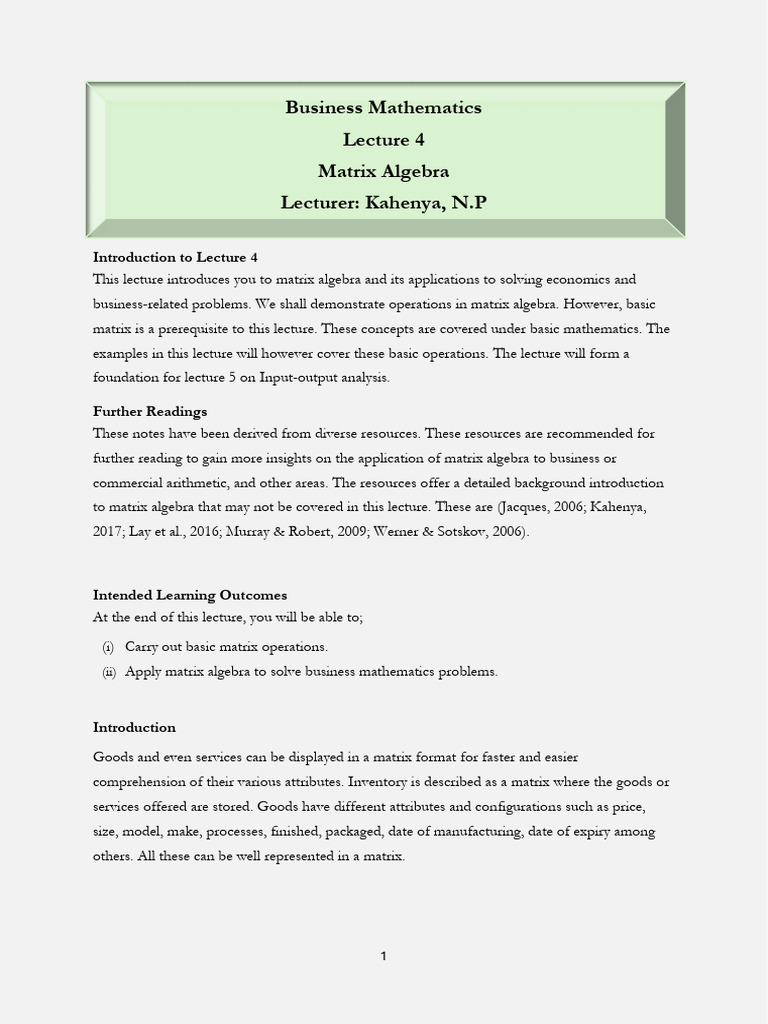 Matrix Algebra in Business Mathematics | PDF | Matrix (Mathematics ...