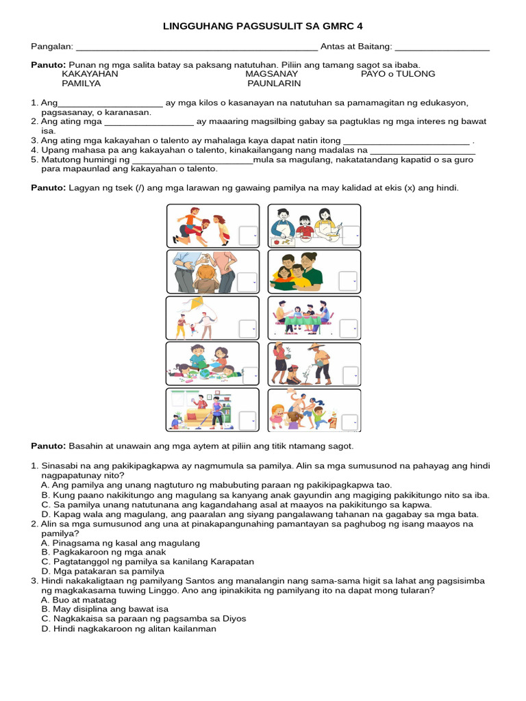 Lingguhang Pagsusulit Sa GMRC 4 #1 q2 | PDF