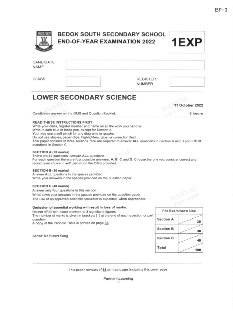 G3 Sec 1 science EOY Bedok South | PDF