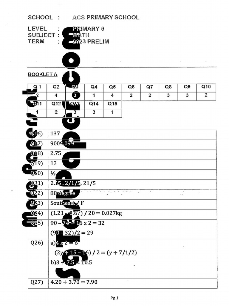 P6 Maths Prelim 2023 ACSJ Exam Papers Answer | PDF