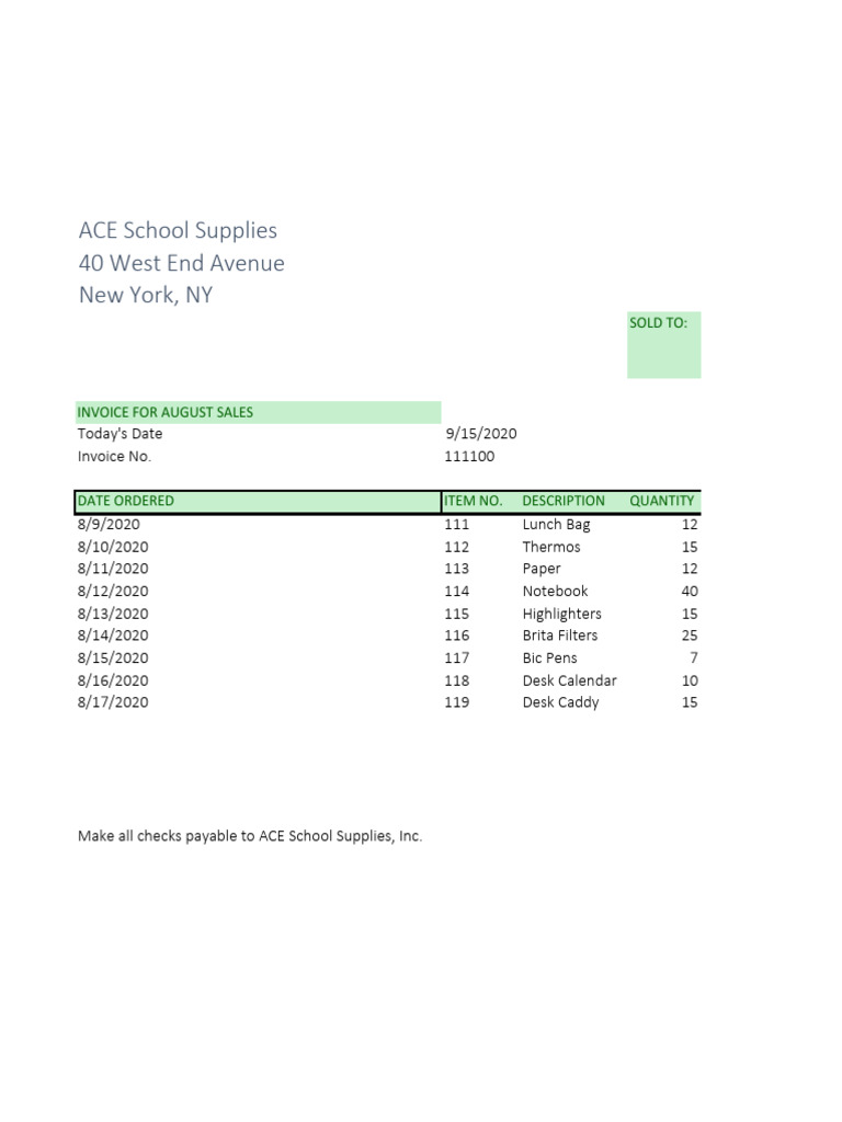 August Invoice for ACE School Supplies | PDF