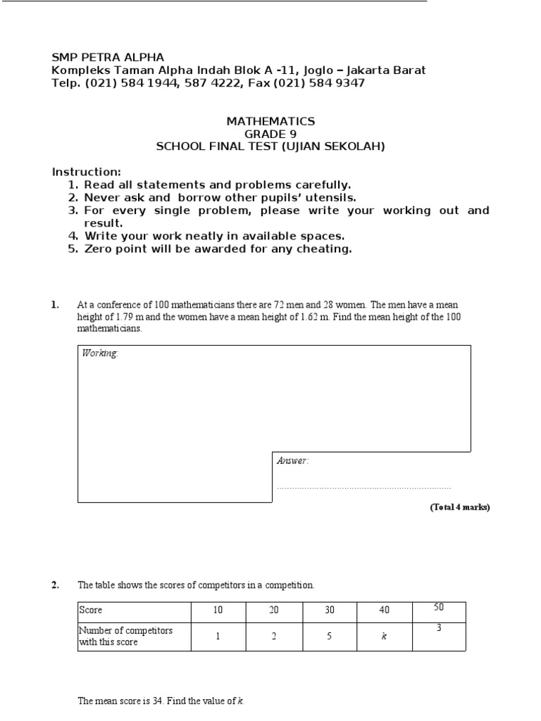 Grade 9 Mathematics Final Test | PDF | Teaching Mathematics ...