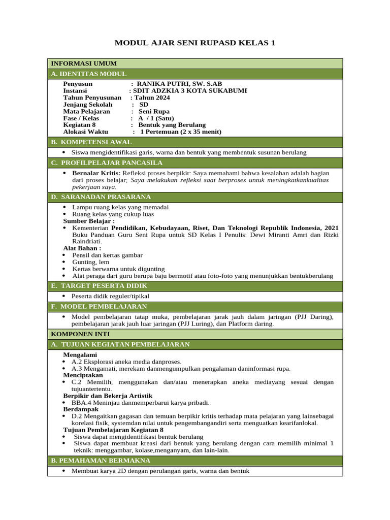 RPP Seni Rupa k1 Keg 8 | PDF