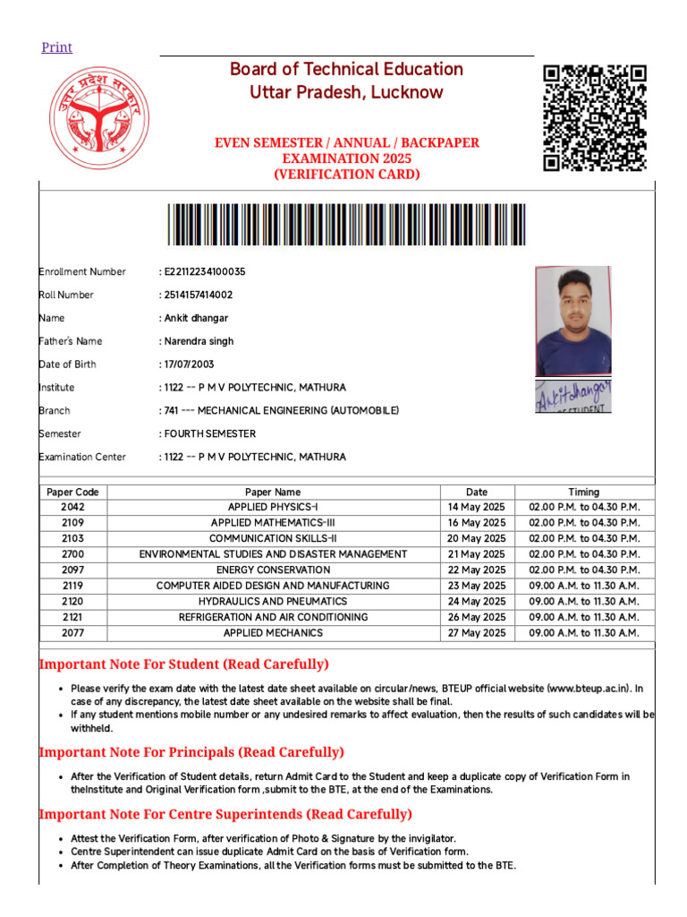 Bteup - Ac.in ESeva Student VerificationCard - Aspx EnrollNumber ...
