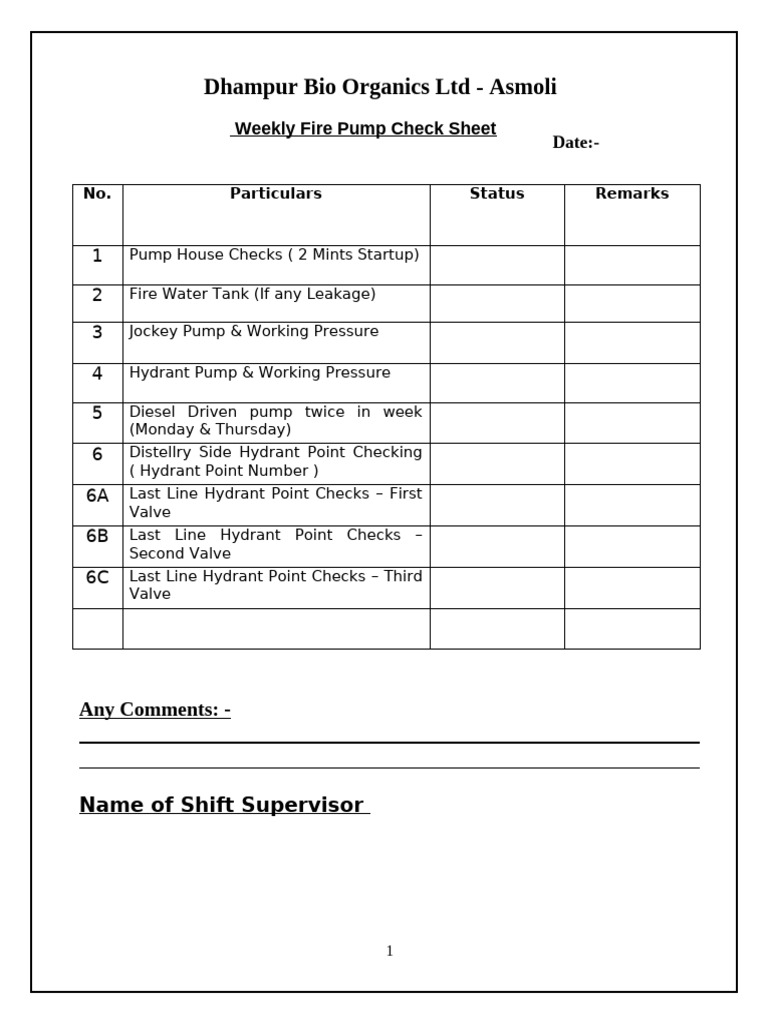 Weekly Fire Pump House Checklist - Asm | PDF