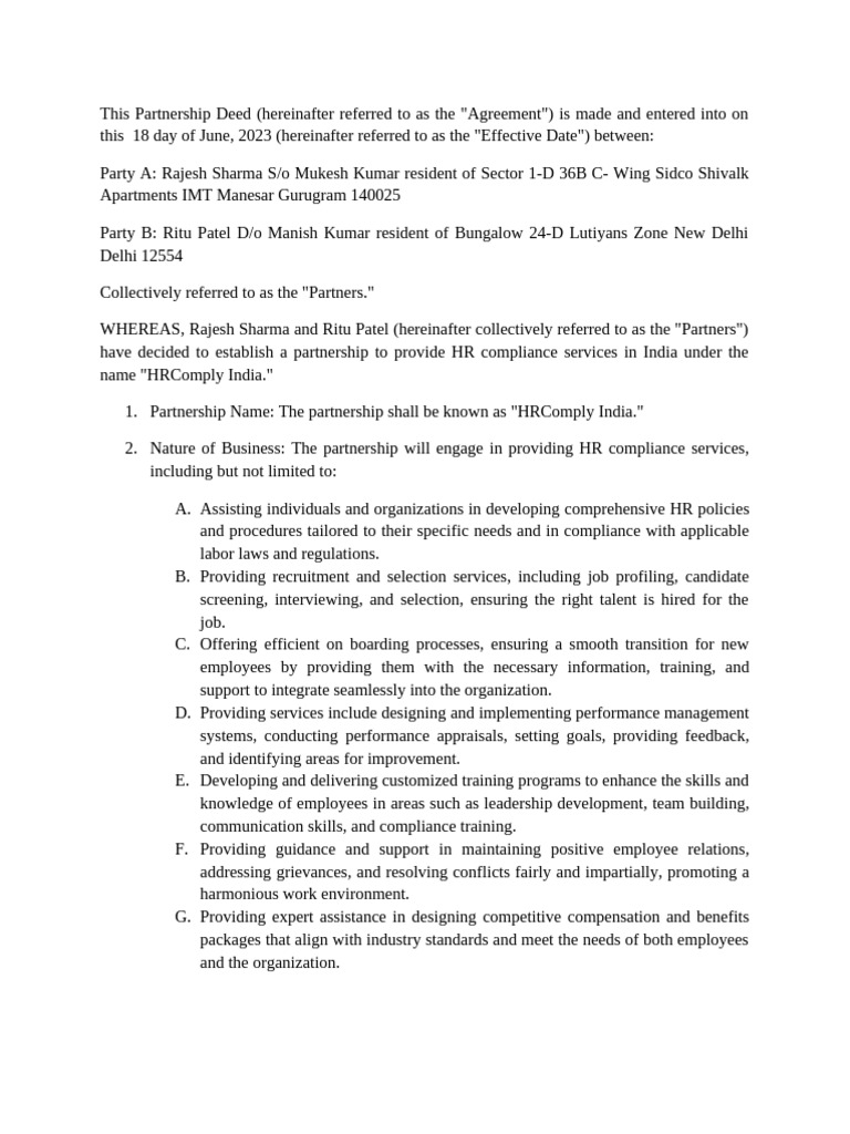 Partnership Deed for HRComply India | PDF | Partnership | Taxes