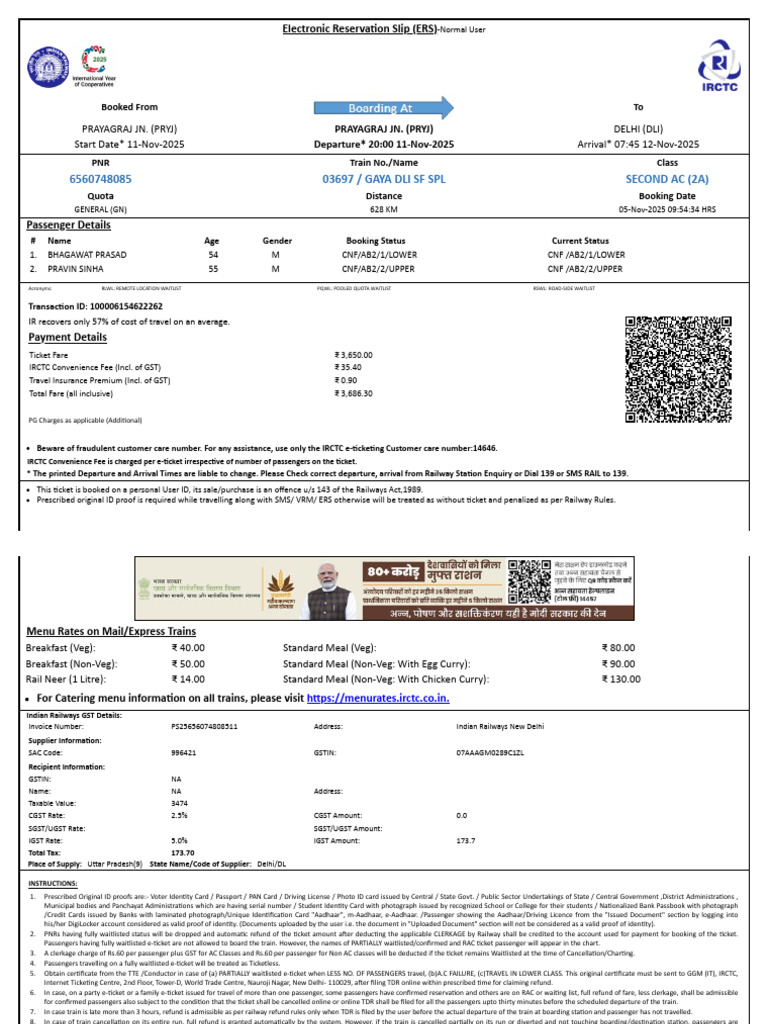 03697-Gaya DLI SF SPL-Prayagraj to Delhi | PDF | Identity Document