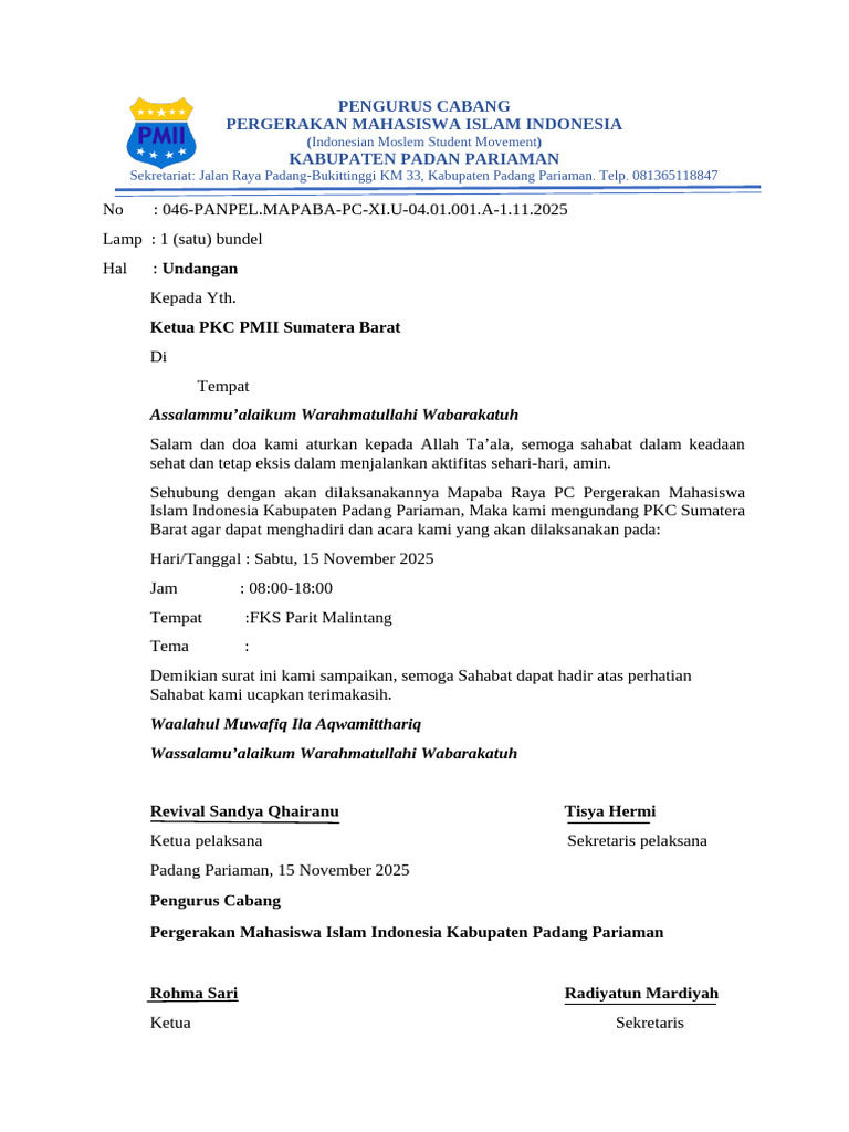 Undangan Mapaba Raya PMII Padang Pariaman | PDF