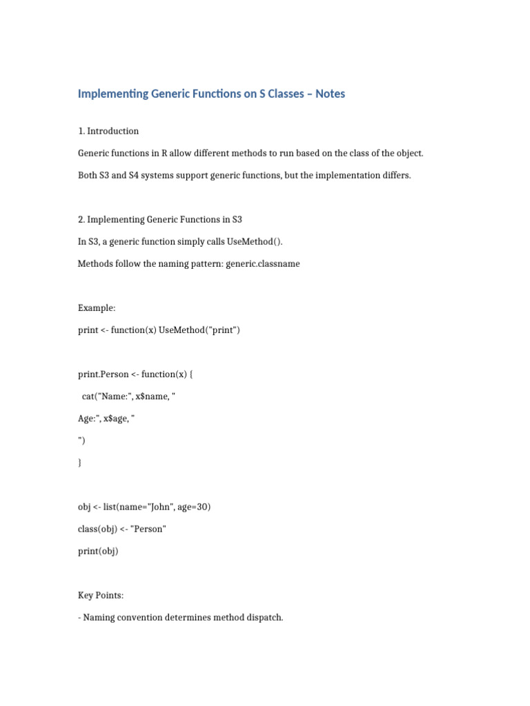 Implementing Generic Functions On S Classes Notes Pdf