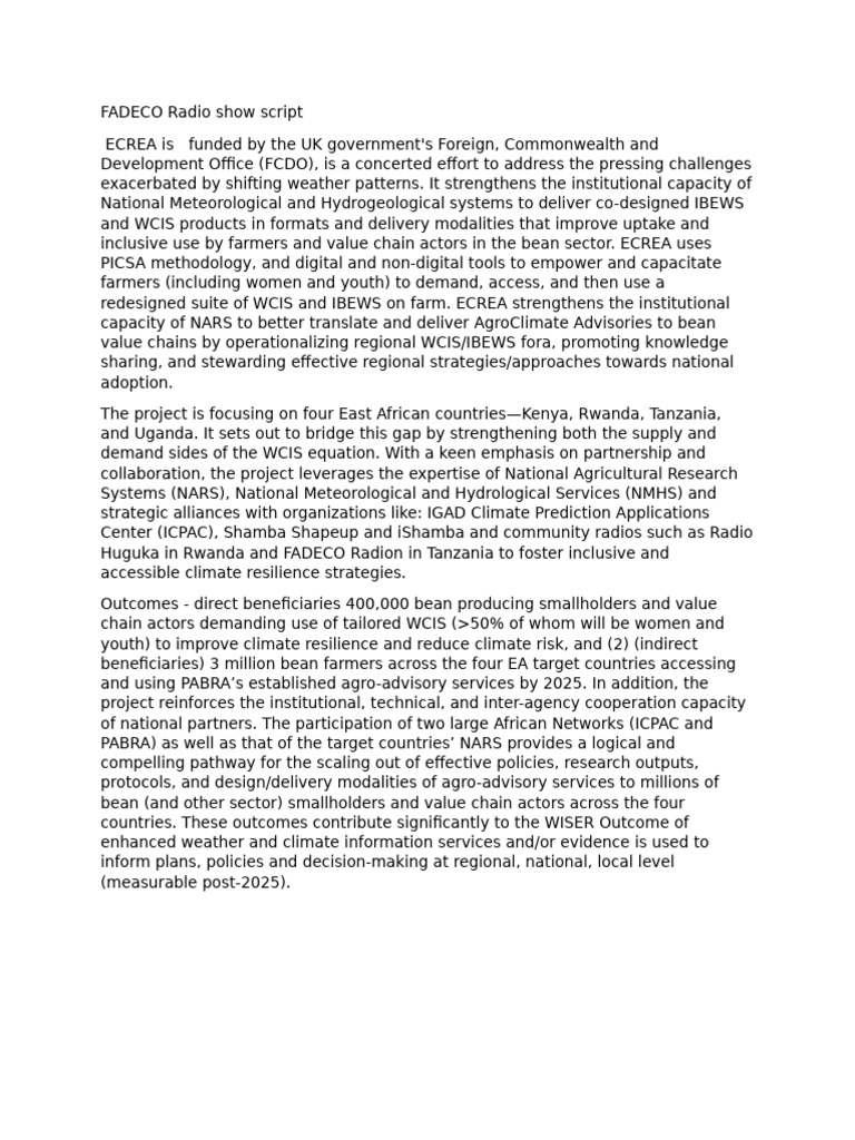 FADECO Radio Show Script | PDF | Climate Resilience