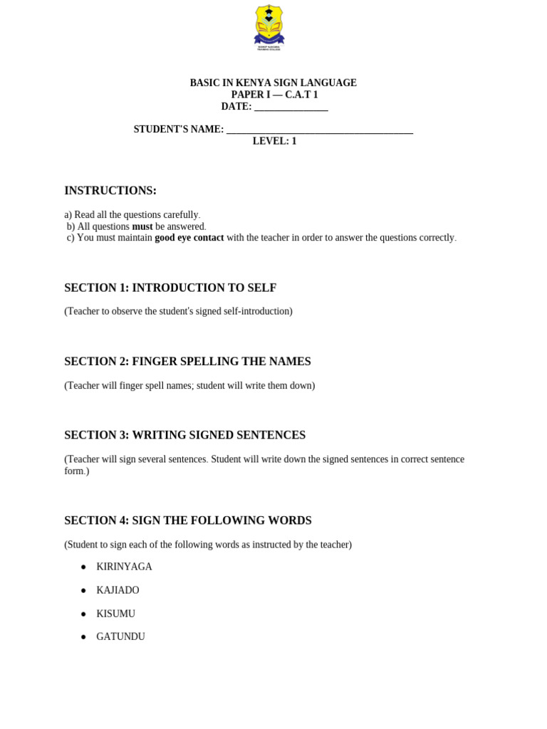 Basic Kenya Sign Language C.A.T 1 & 2 | PDF | Linguistics | Kenya