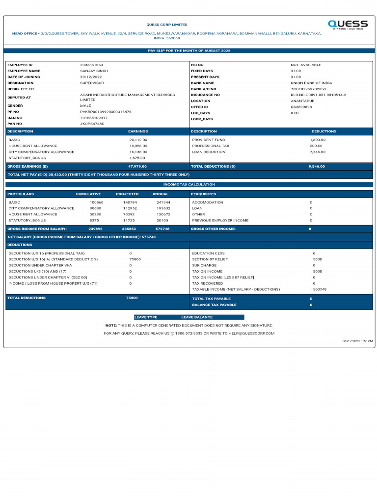 SANJAY - SINGH - August 2025 - Salary Slip - August-2025 | PDF
