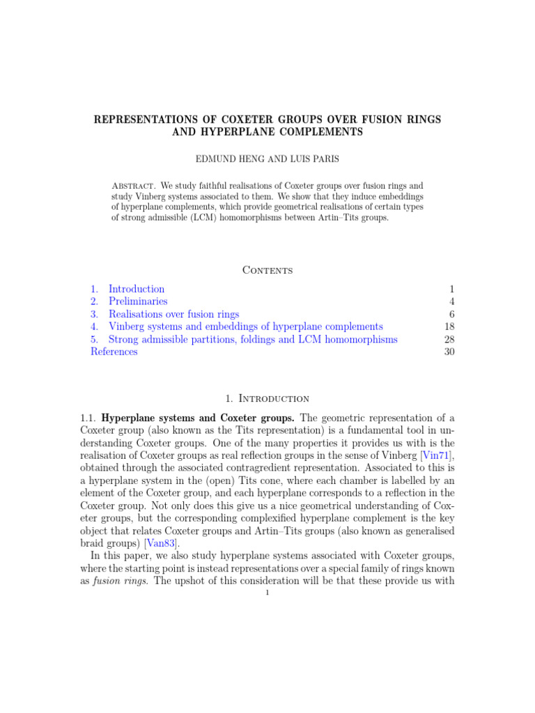 Representations of Coxeter Groups Over Fusion Rings and Hyperplane ...