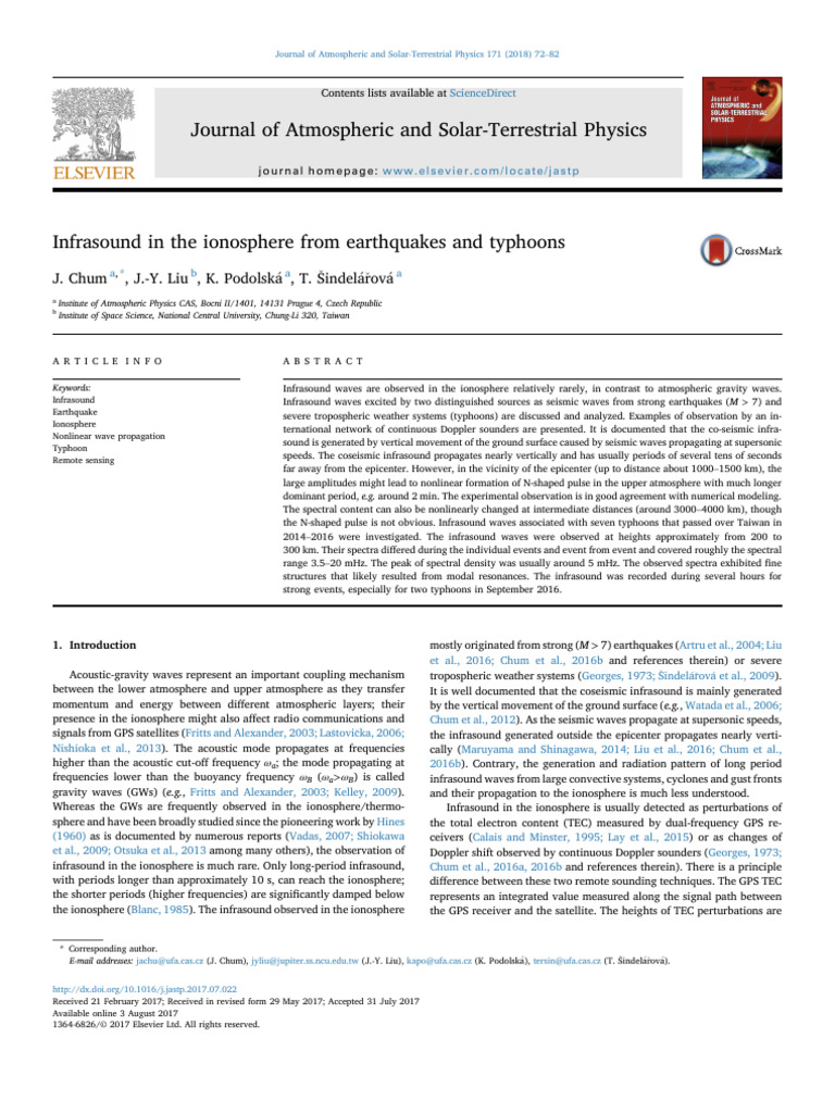 Infrasound in The Ionosphere From Earthquakes and Typhoons | PDF ...