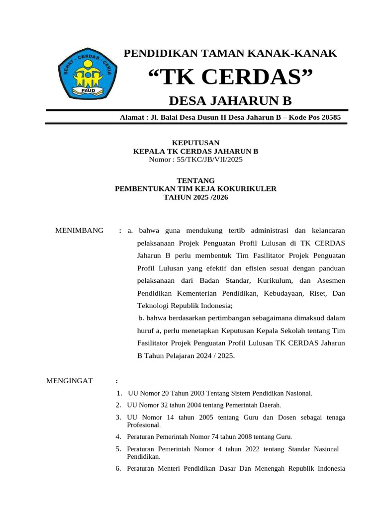 SK Tim Kerja Kokurikuler | PDF