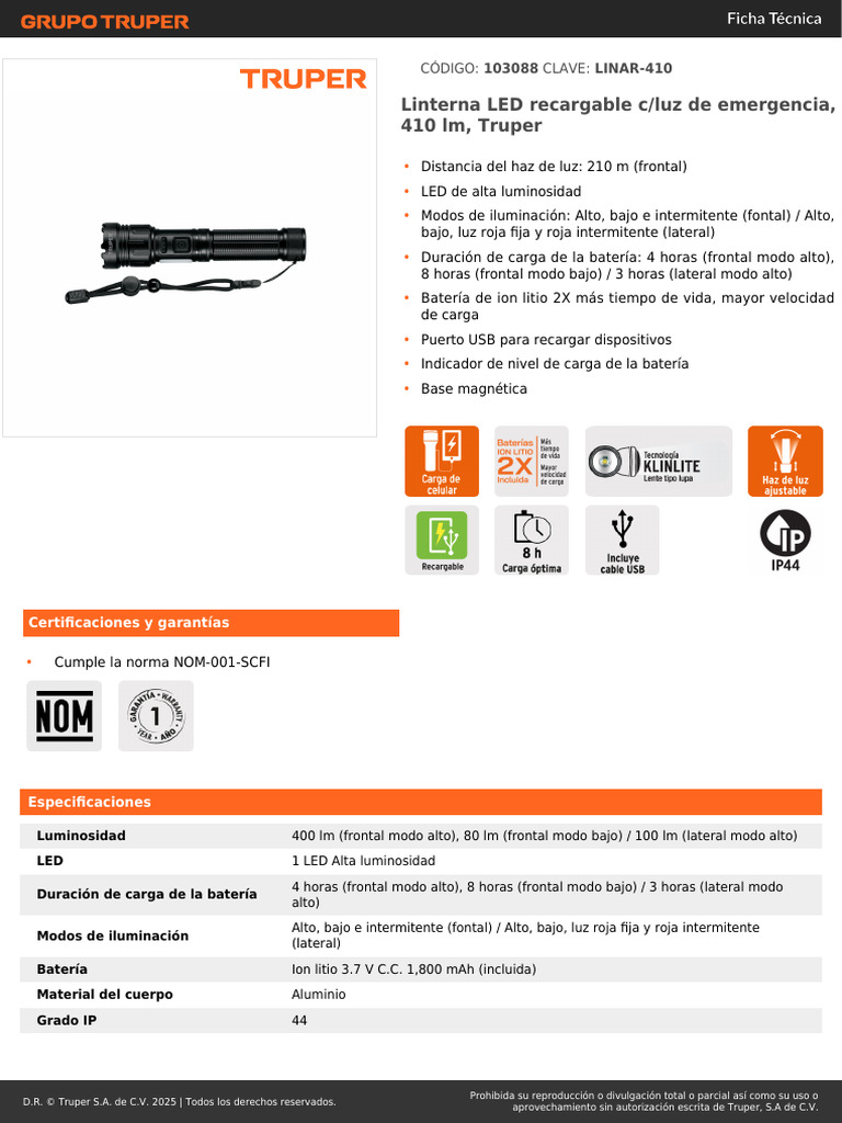 Linterna LED Recargable C/luz de Emergencia, 410 LM, Truper: CÓDIGO ...