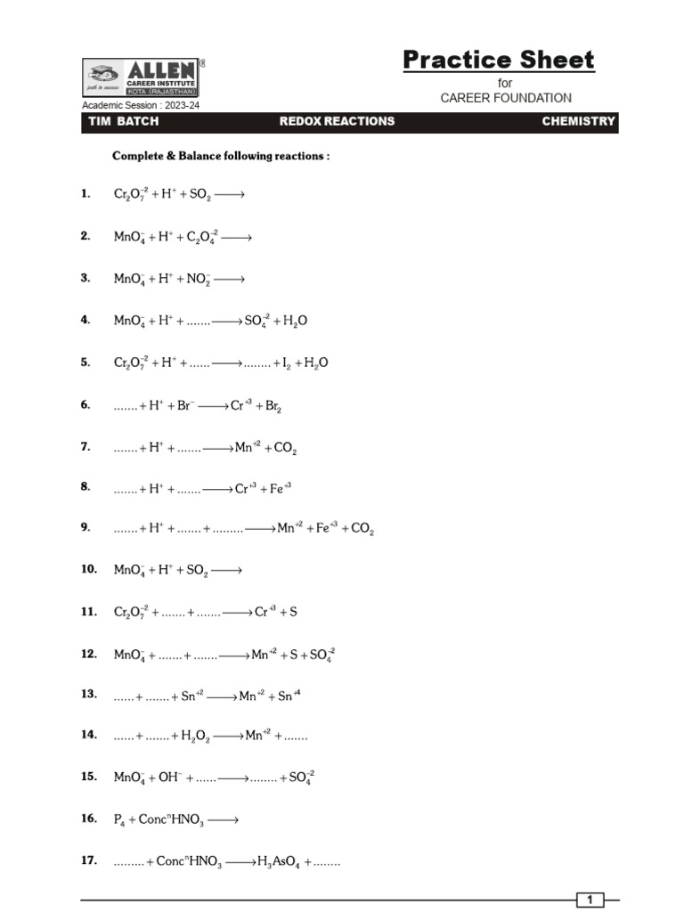 Redox Reaction Sheet for TIM Batch | PDF