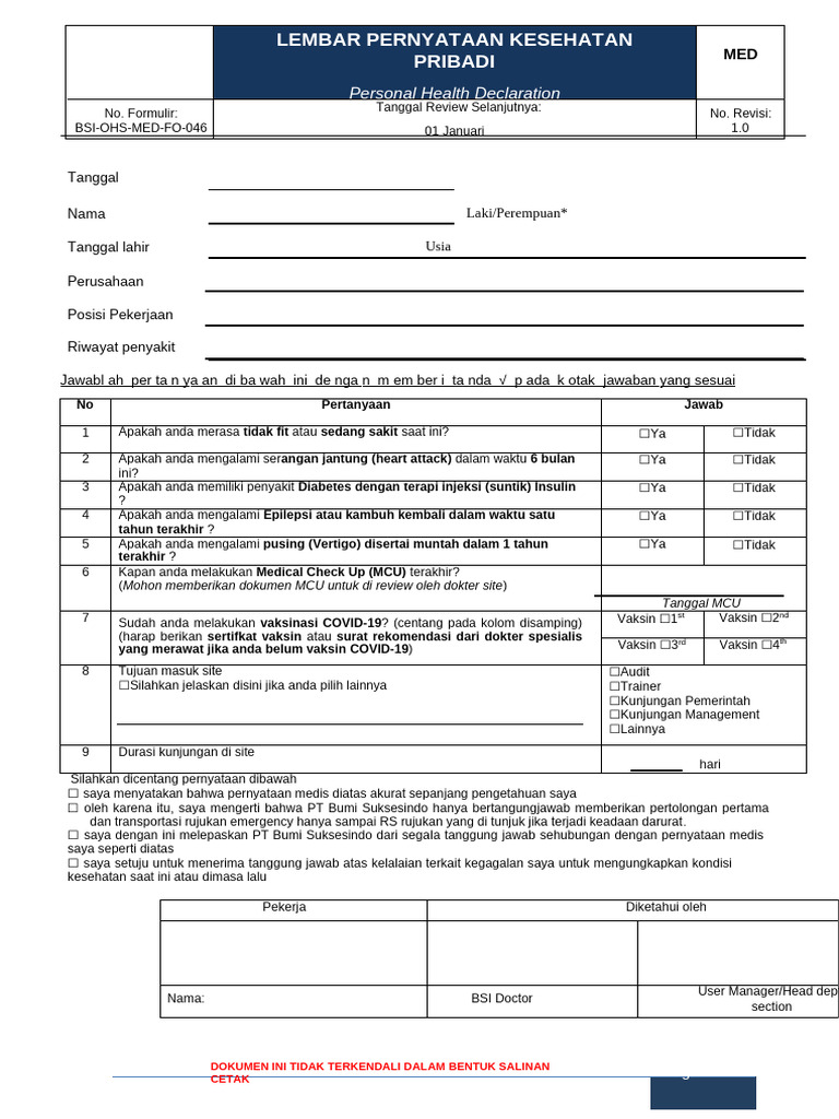 BSI OHS MED FO 046 Health Declaration Form - Bahasa | PDF