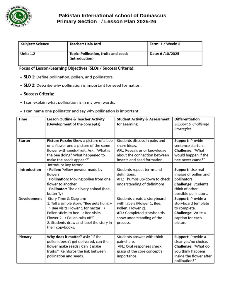 Science Lesson Plan: Pollination 2025-26 | PDF | Flowers | Pollinators