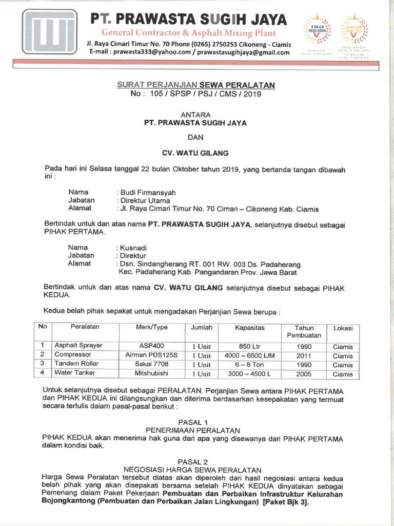 3a. Surat Perjanjian Sewa Alat Dan Bahan CV WG via PT PSJ | PDF