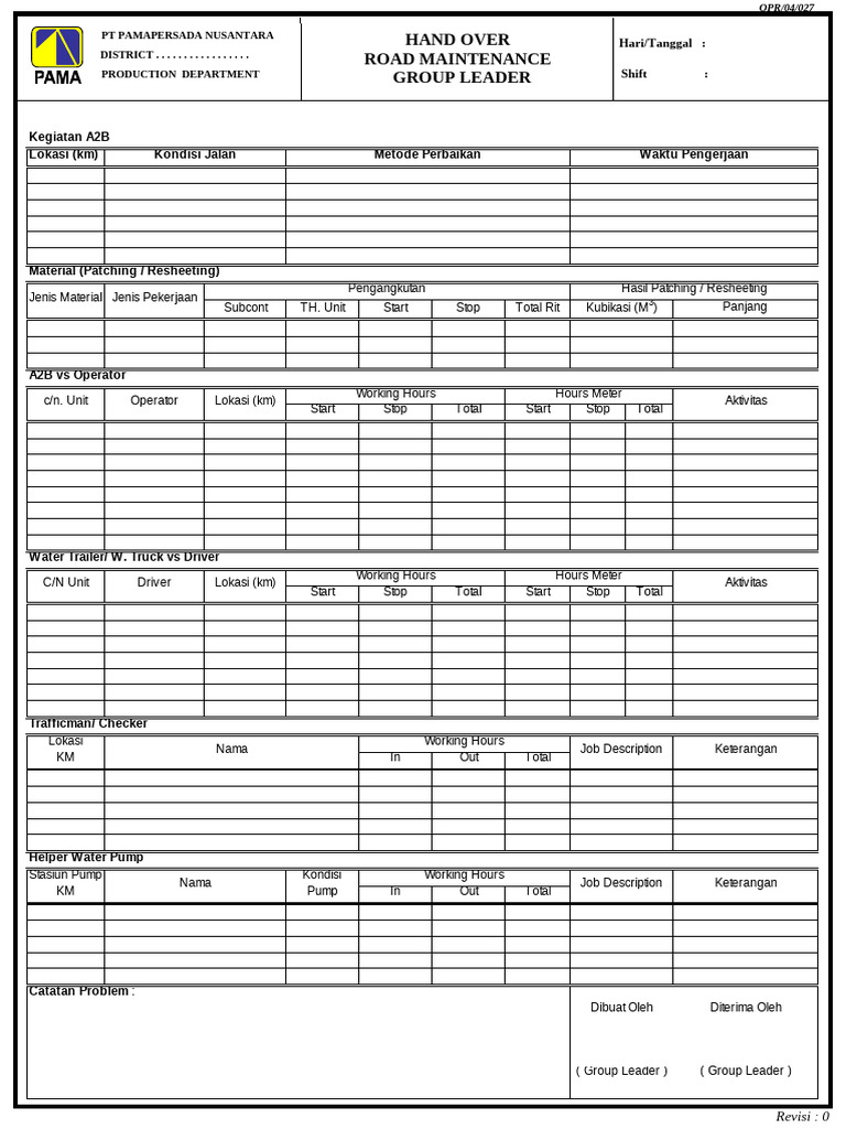 27 Form Handover Road Maintenance_rev0 | PDF | Motor Vehicle