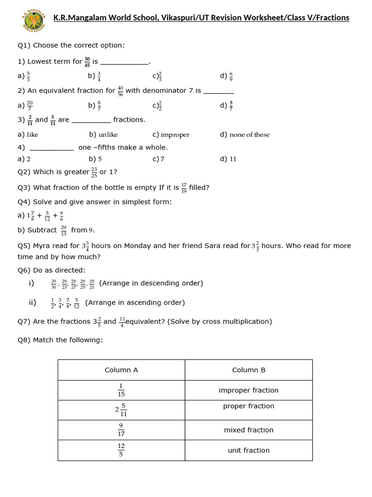 Class V Fractions Revision Worksheet | PDF | Discrete Mathematics | Numbers