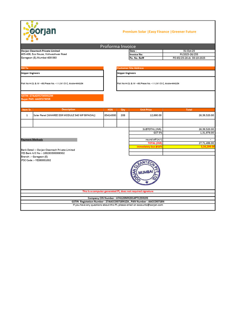 Proforma Invoice for Solar Panels | PDF | Invoice