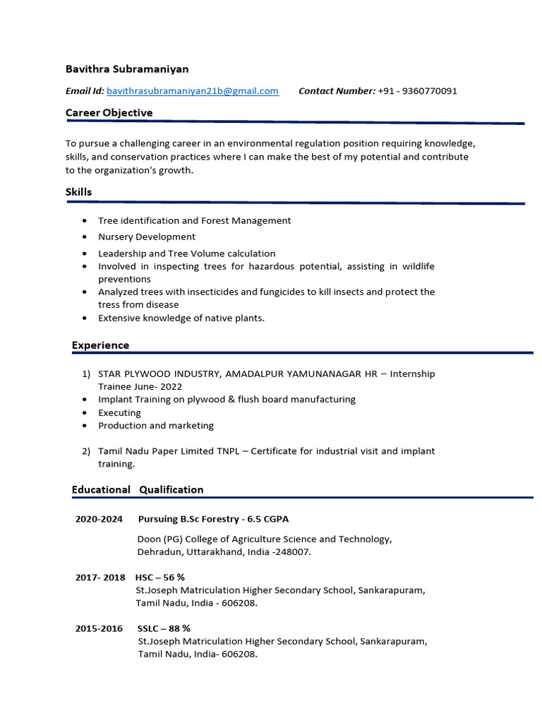 Bavithra Subramaniyan B.SC Forestry | PDF
