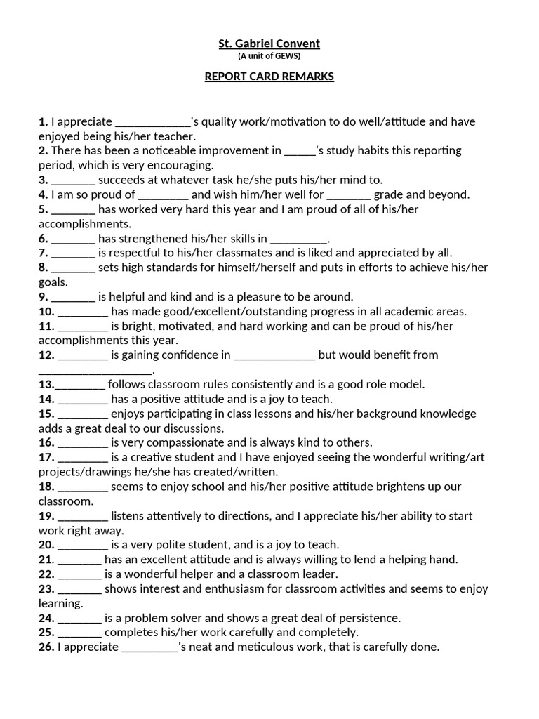 Report Card Remarks | PDF | Education Theory | Behavior Modification