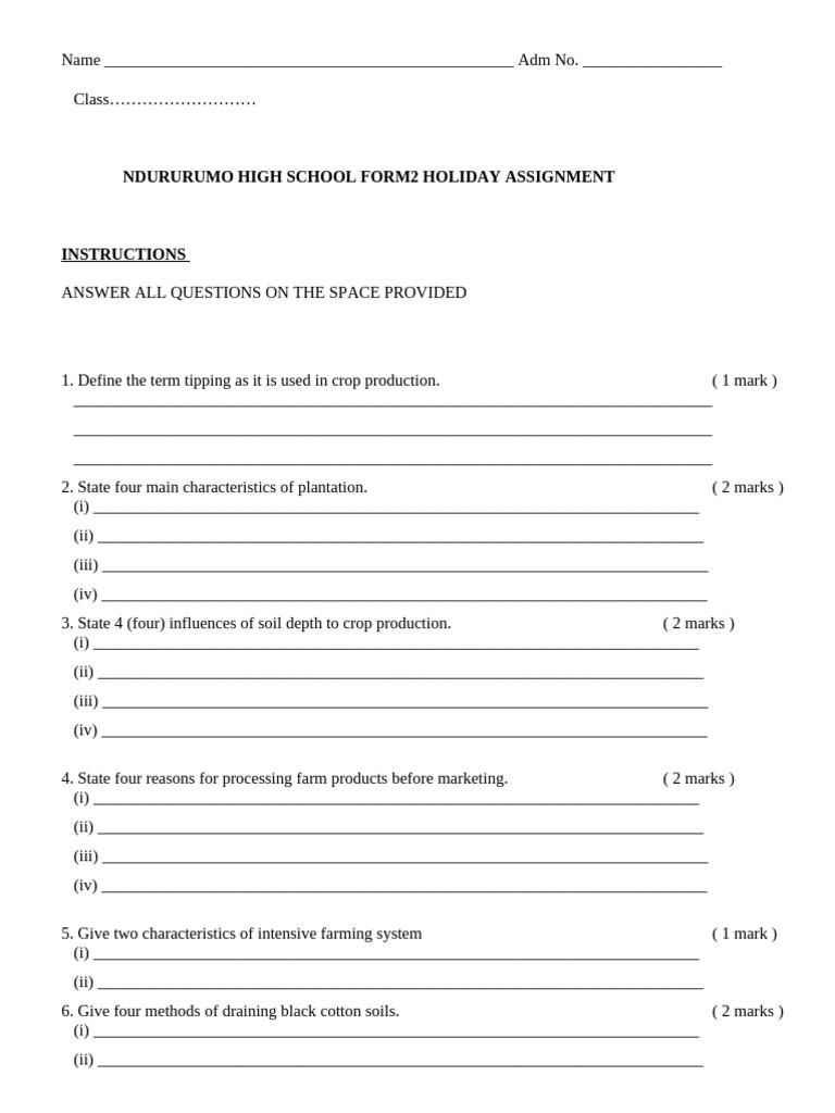 Form 2 Holiday Assignment: Crop Production | PDF | Agriculture | Soil ...