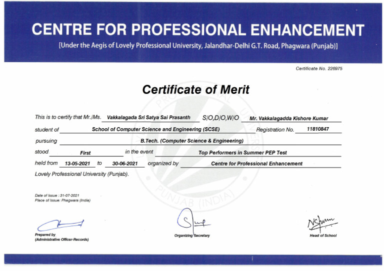 Certificate of Merit From LPU For Stood 1 in Summer Pep Tests in 2021 | PDF