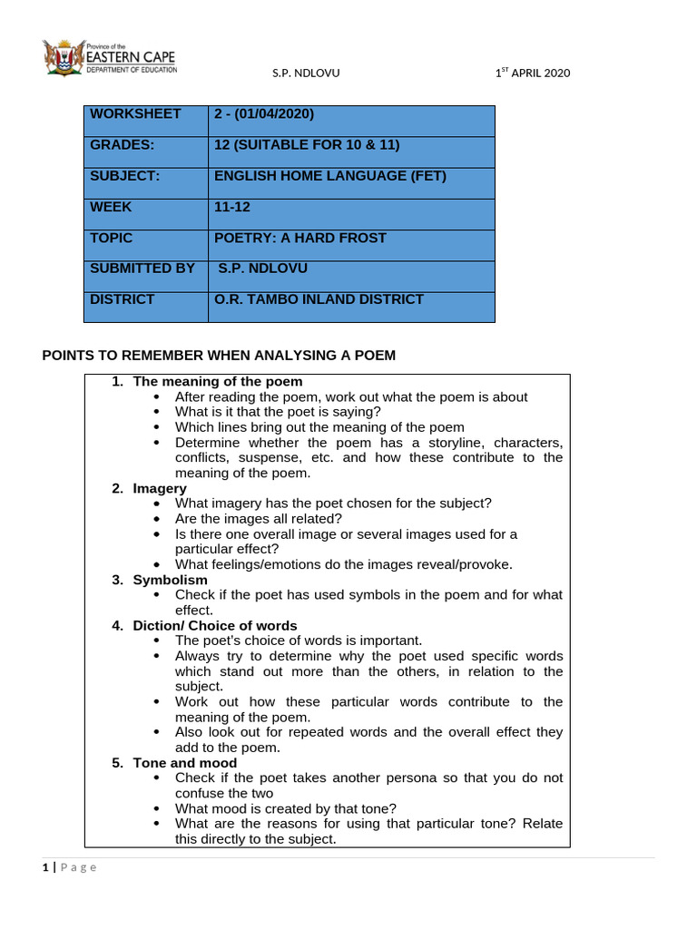 English HL Grade 12 Worksheet 8 Poetry | PDF | Poetry