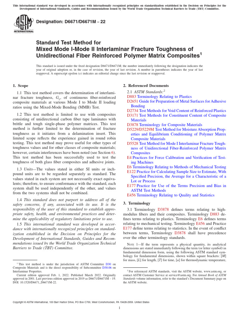 ASTM D6671 - D 6671M - 22 | PDF | Fracture Mechanics | Composite Material