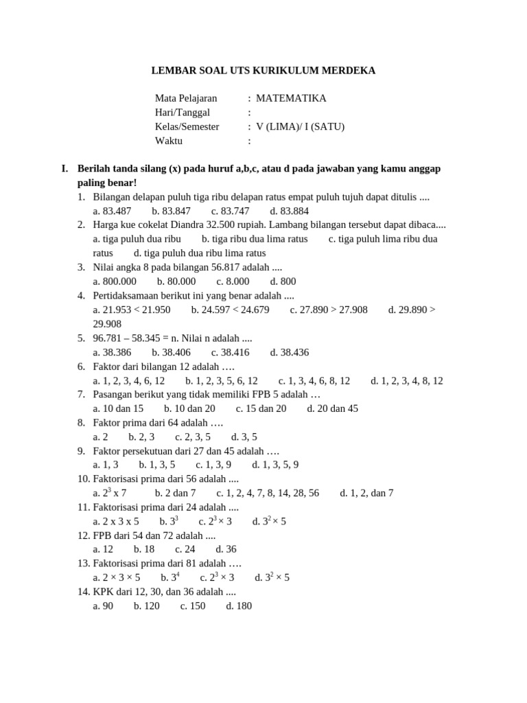 Soal UTS Matematika Kelas 5 Semester 1 | PDF