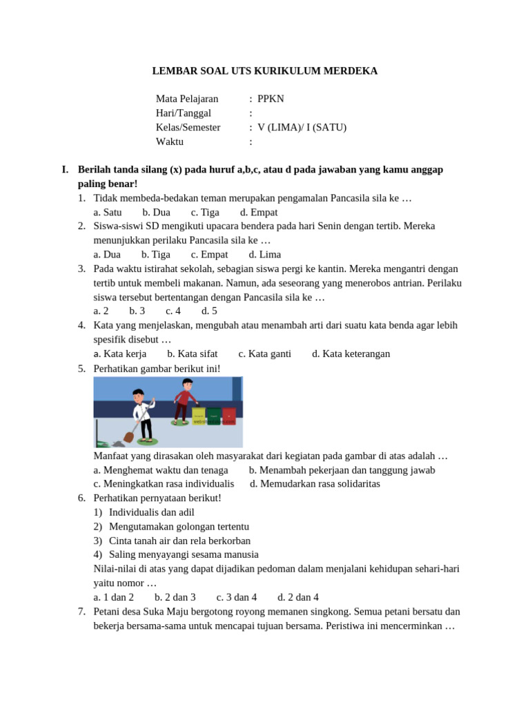 Soal Jawaban Uts PPKN Kelas 5 Semester 1-1 | PDF