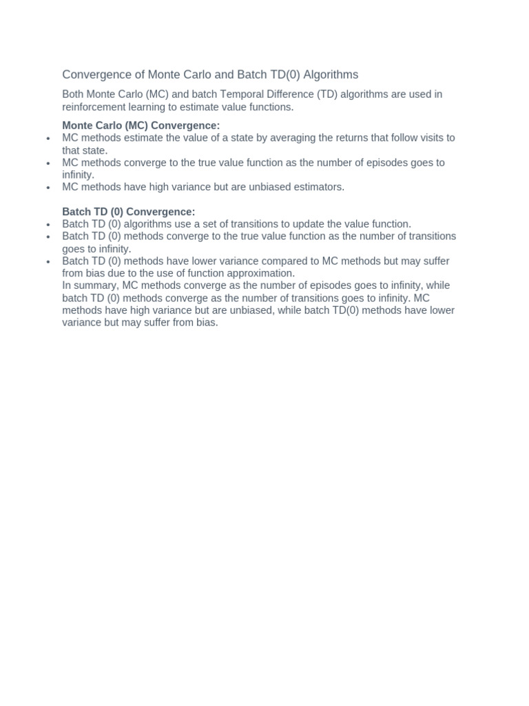 Convergence of Monte Carlo and Batch TD (O) | PDF