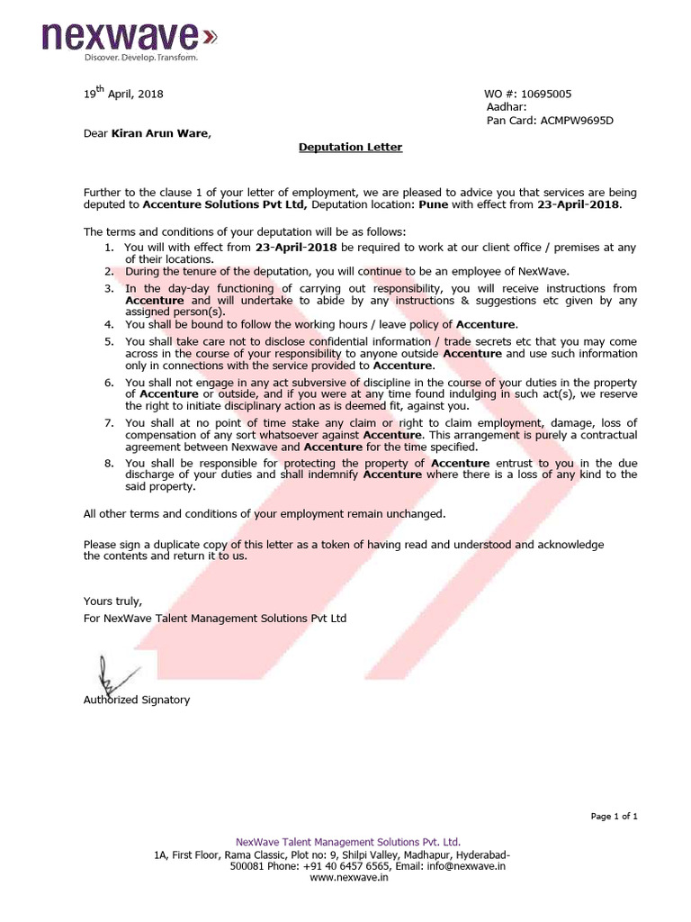 Deputation Letter-Kiran Arun Ware - SE - Pune | PDF