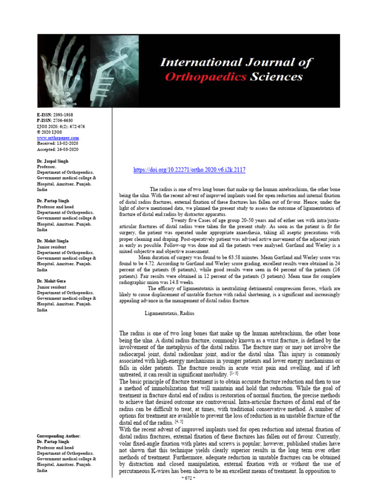 Outcome of Ligamentotaxis of Fracture Distal End Radius by Distractor ...