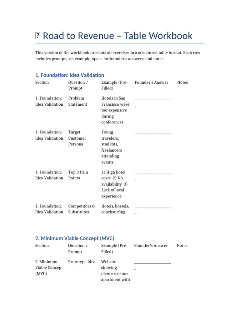 Road To Revenue Table Workbook | PDF